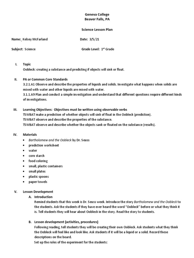 Oobleck Science Lesson Plan for 1st Grade | PDF | Differentiated ...