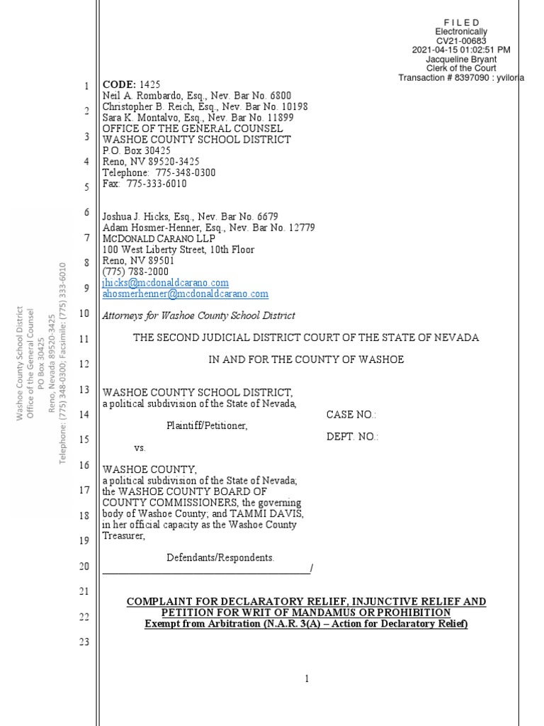 WCSD Lawsuit Against Washoe County | PDF | Tax Refund | Declaratory ...