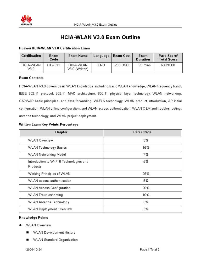 HCIA-WLAN V3.0 Exam Outline | PDF | Wireless Lan | Ieee 802.11