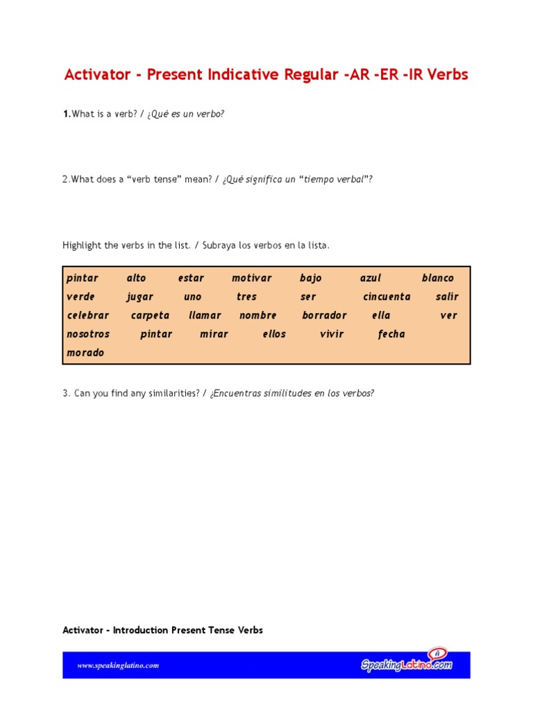Activator - Present Indicative Regular - AR - ER - IR Verbs | PDF