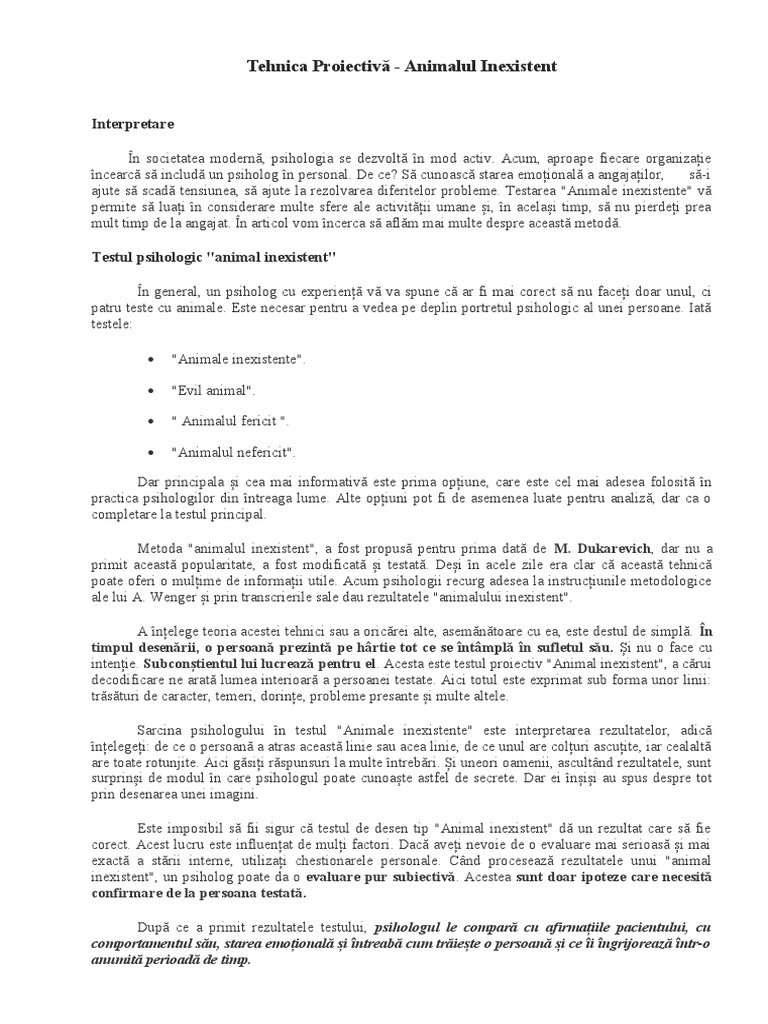 Animalul Inexistent - Tehnica Proiectivă | PDF