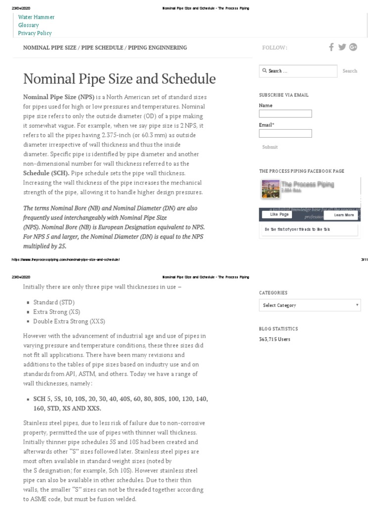 Nominal Pipe Size and Schedule - The Process Piping | PDF | Hydraulic ...
