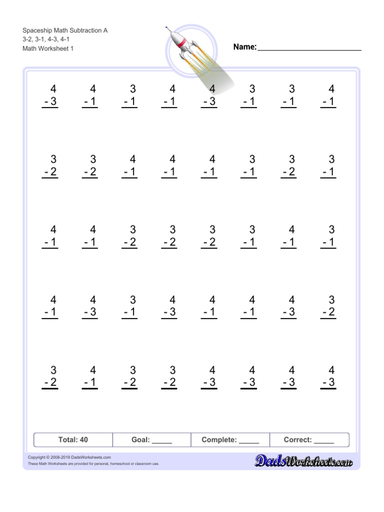 Spaceship Math Subtraction A 3-2, 3-1, 4-3, 4-1 Math Worksheet 1 | PDF