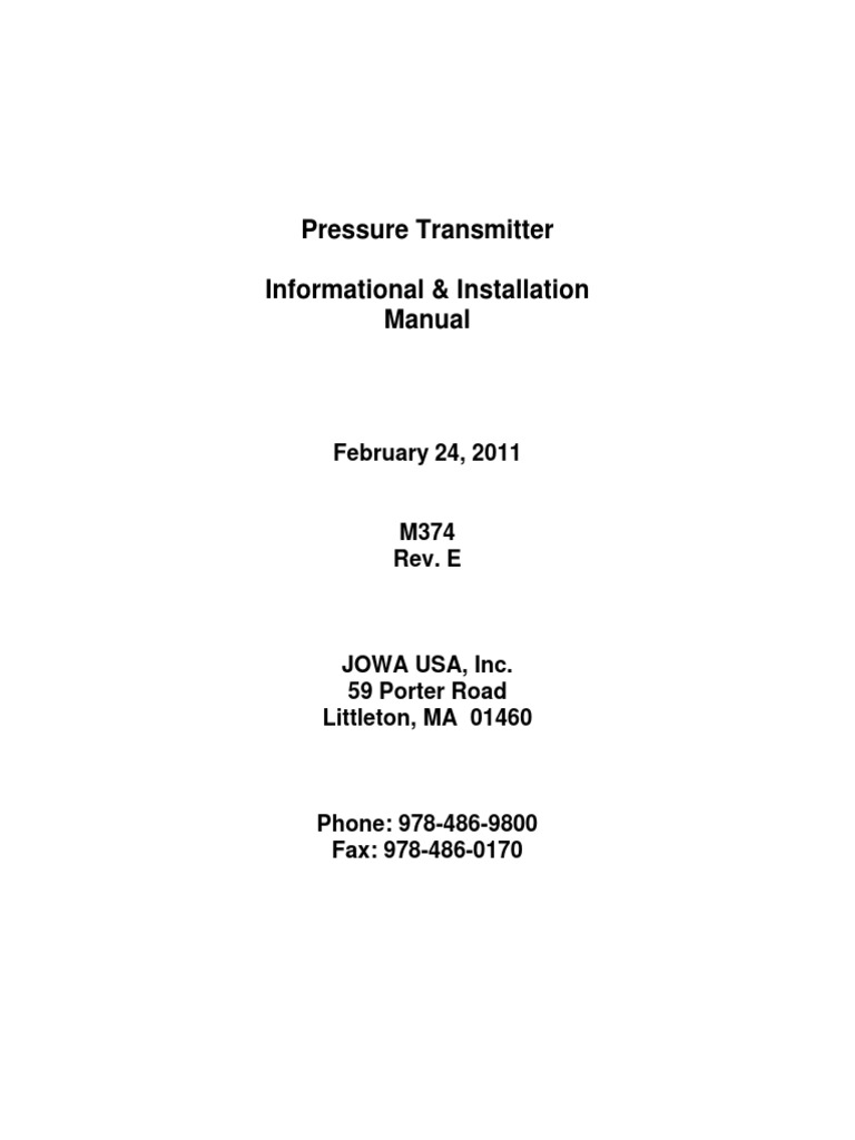 Pressure Transmitter Information & Installation Manual (M374) | PDF ...