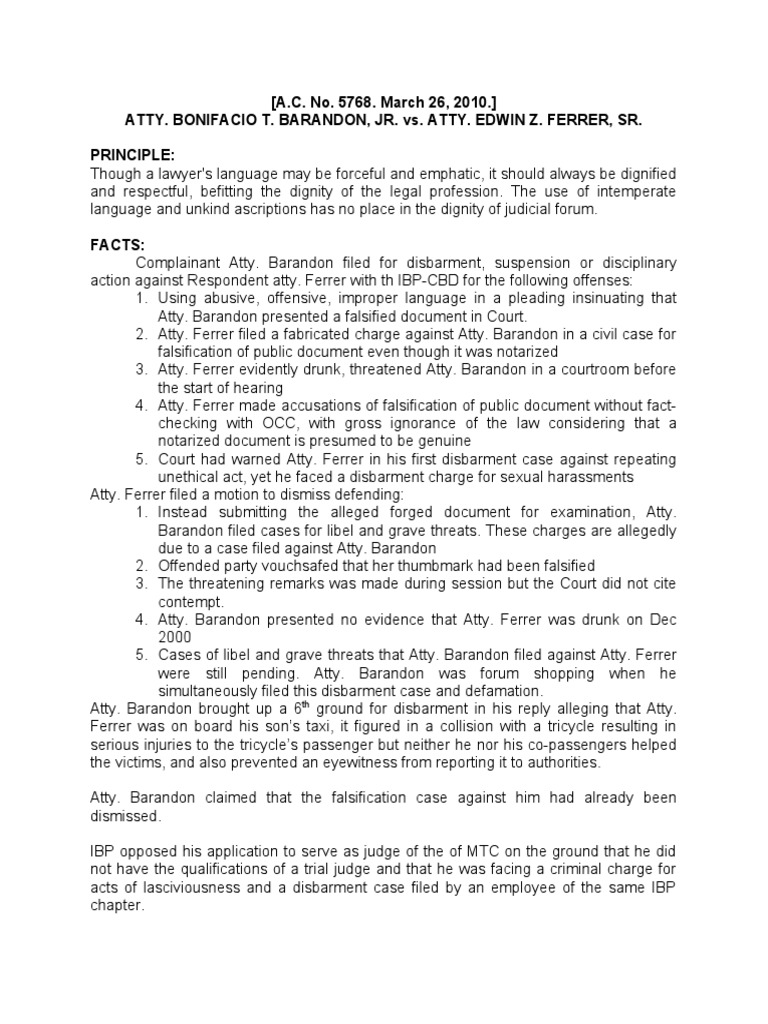 (A.C. No. 5768. March 26, 2010.) Atty. Bonifacio T. Barandon, Jr. vs ...