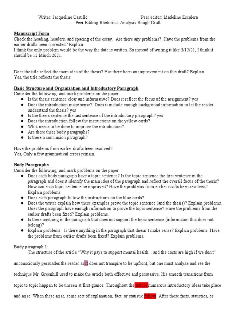 JC Peer Editing For Rhetorical Analysis Rough Draft 1 | PDF | Citation ...
