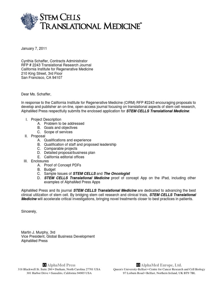 Cover Letter Final MJM | PDF | Regenerative Medicine | Inquiry