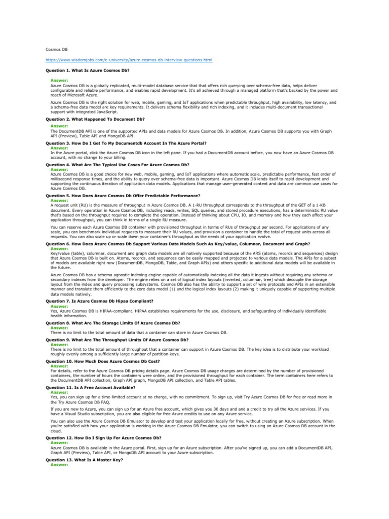 Cosmos DB Interview Questions | PDF | Microsoft Azure | Databases