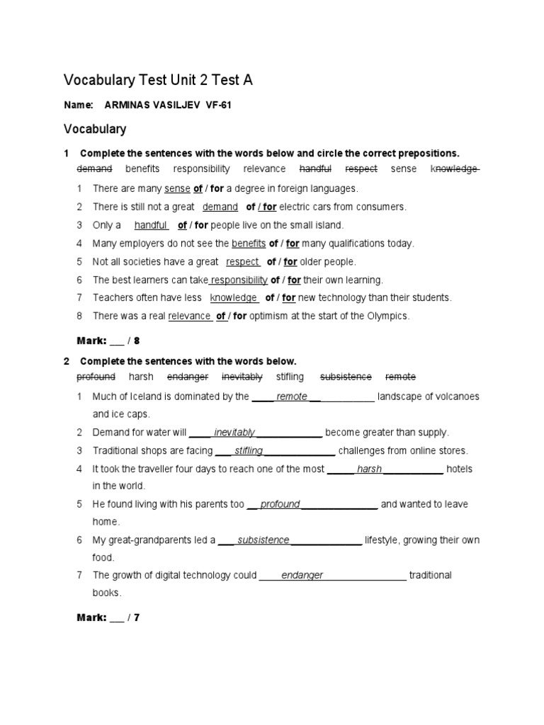 Vocabulary Test Unit 2 Test A | PDF | Vocabulary | Communication
