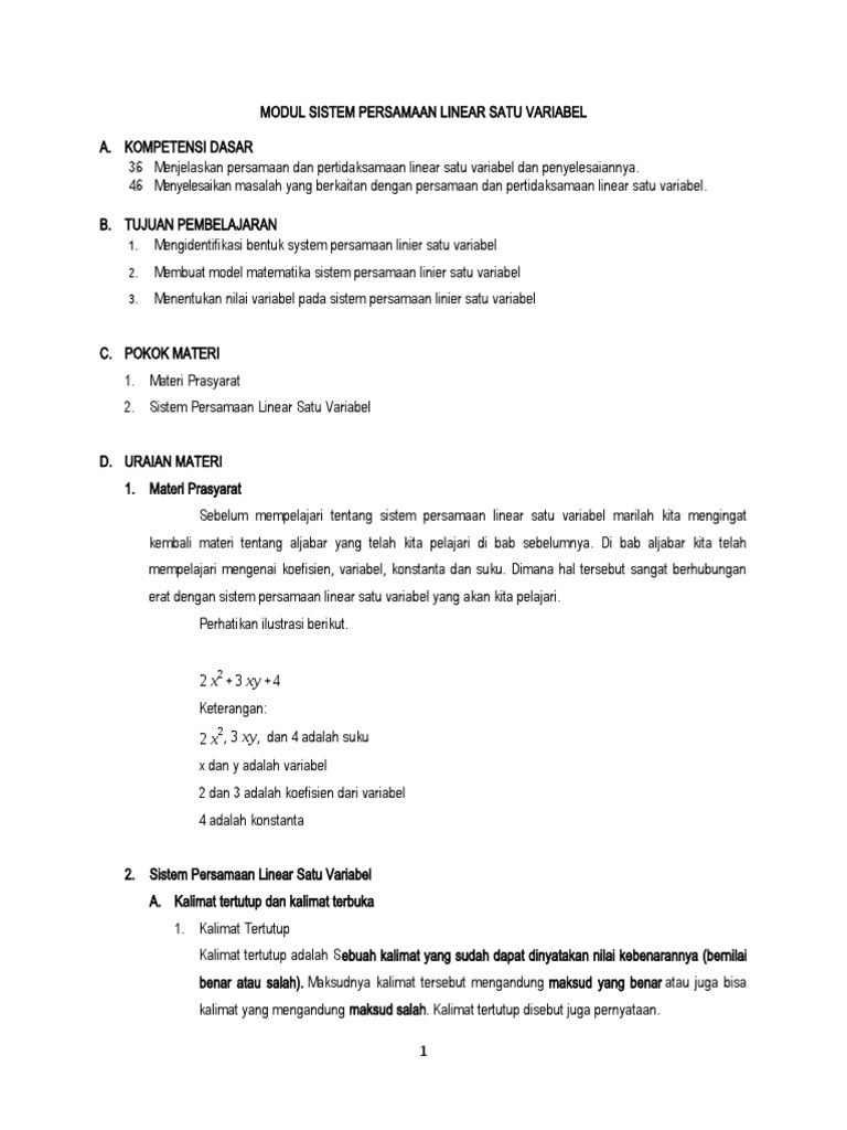 Modul Sistem Persamaan Linear Satu Variabel 5 | PDF