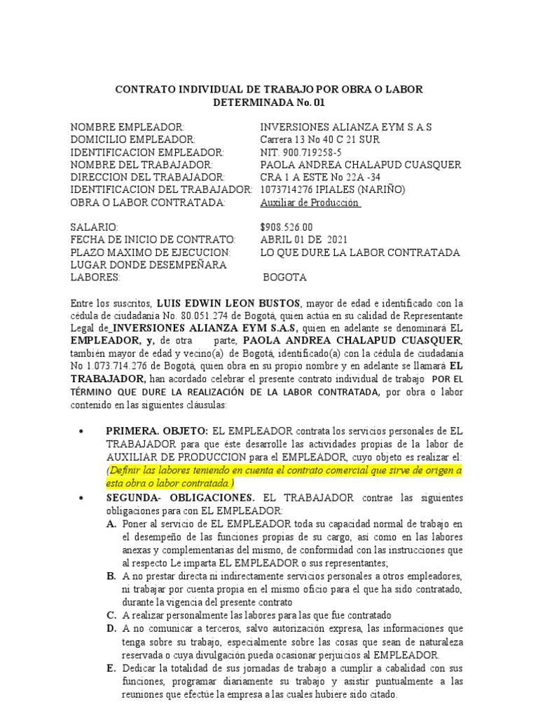 Contrato Individual de Trabajo Por Obra o Labor Determinada Paola | PDF | Salario | Salario mínimo