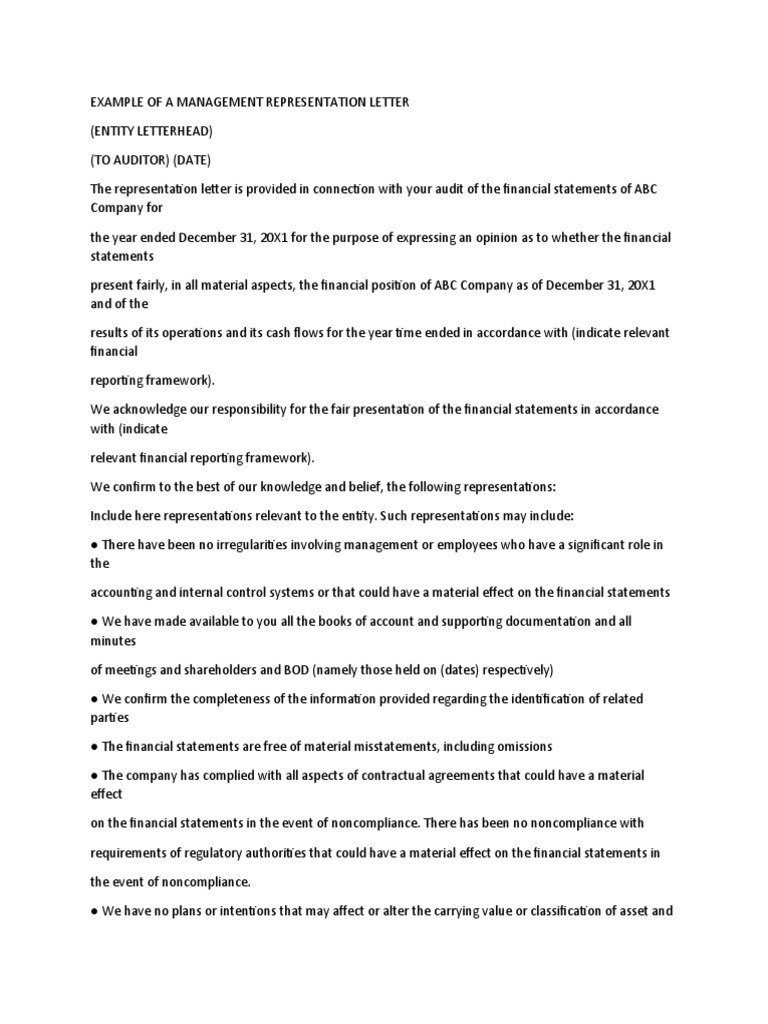 Management Representation Letter Example | PDF | Financial Statement ...