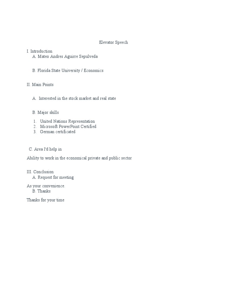 Elevator Speech Outline | PDF