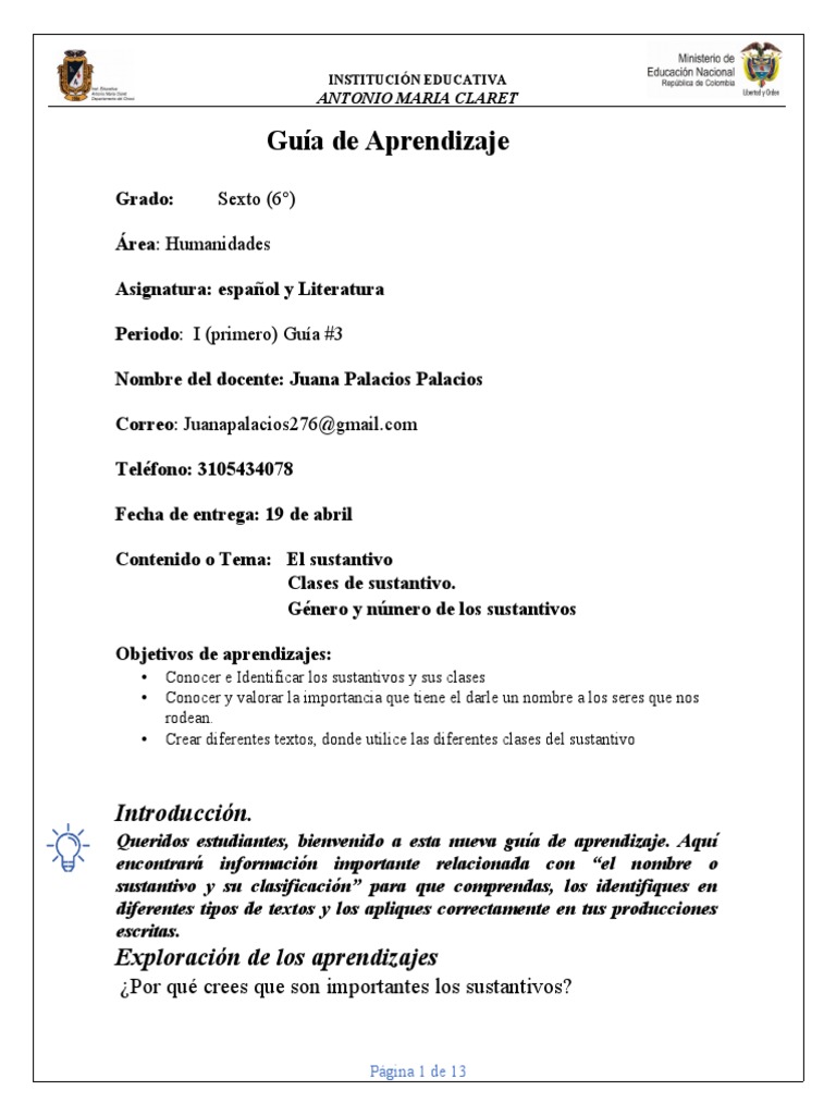 El Sustantivo Guia N3 | PDF | Sustantivo | Aprendizaje