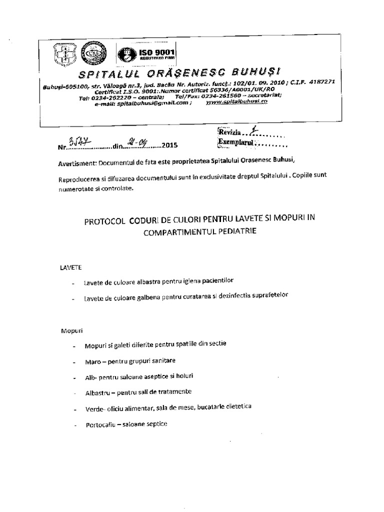 Protocol Coduri de Culori Pentru Lavete Si Mopuri in Compartimentul ...