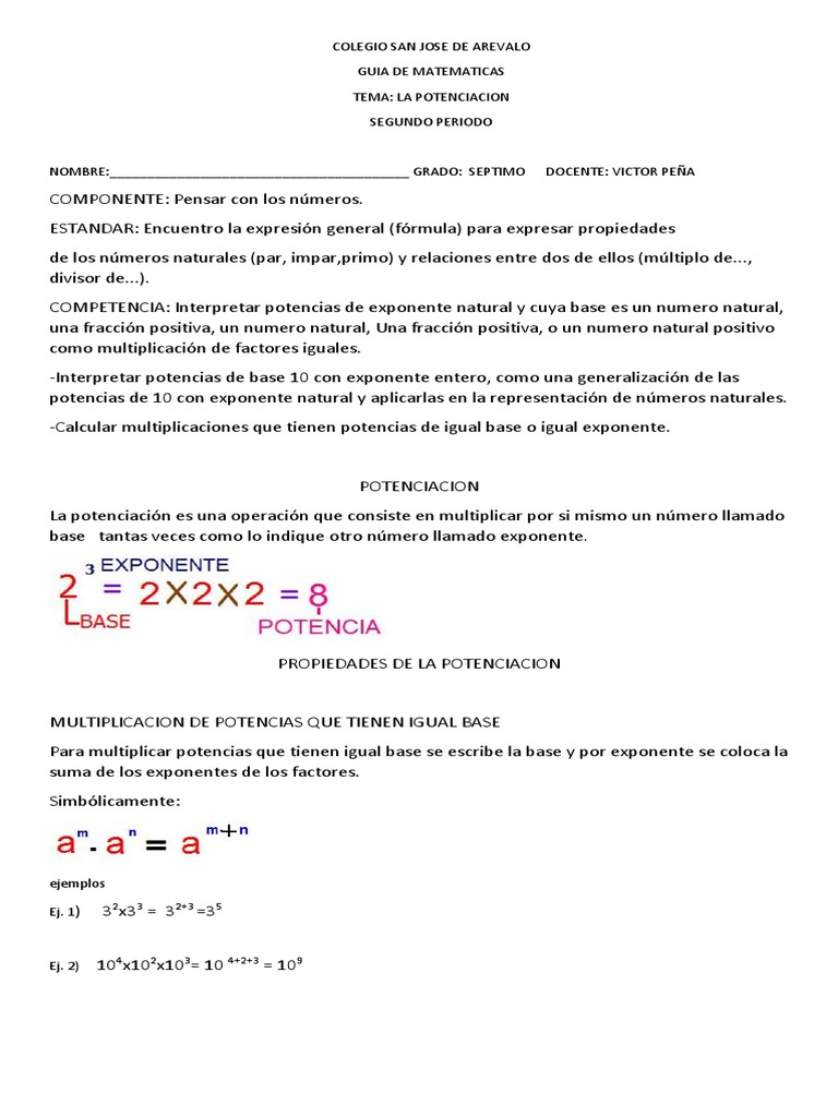 Guía sobre potenciación: Propiedades y ejemplos | PDF | Exponenciación ...