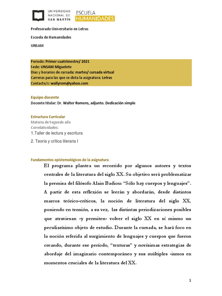 Literatura del Siglo XX: Curso UNSAM | PDF | Prueba (evaluación) | Poesía