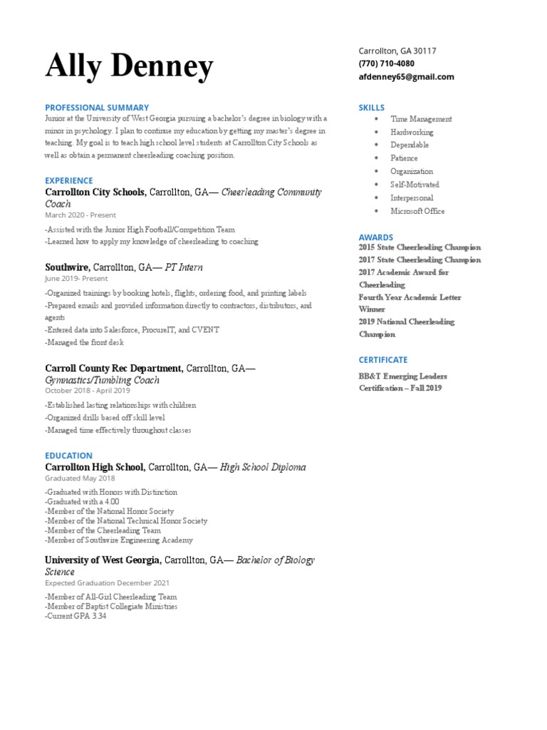 Resume-Ally Denney 2 | PDF | Cheerleading | Bachelor's Degree