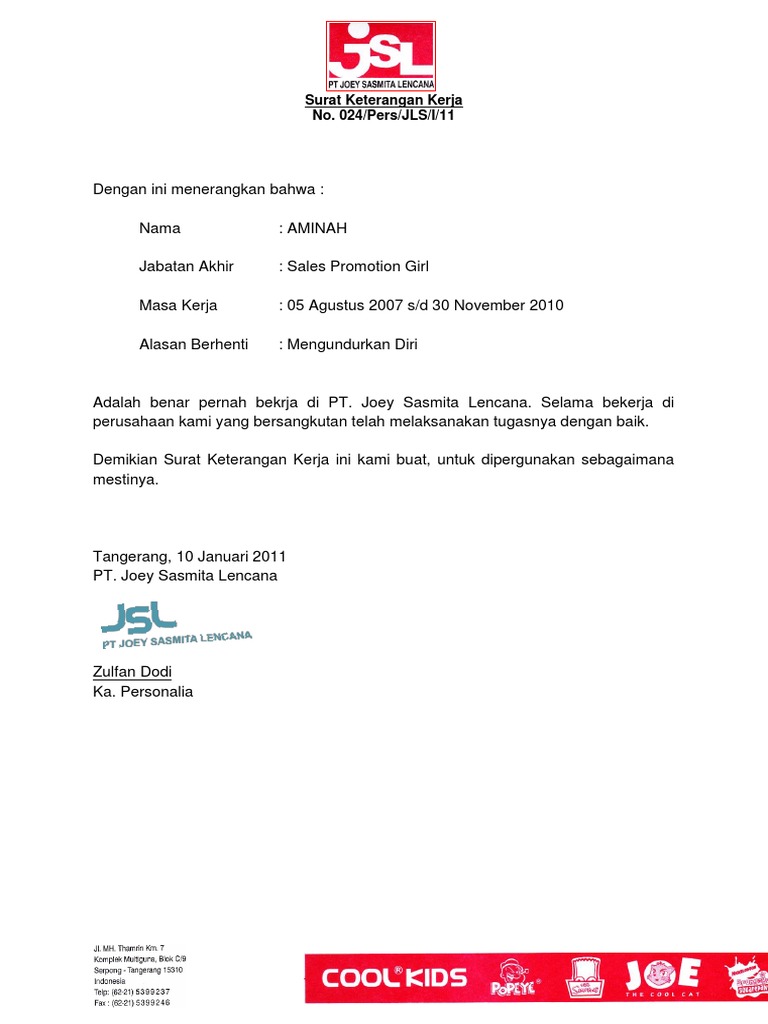 Surat Keterangan Kerja PT Joey Sasmita | PDF | Karier & Perkembangan