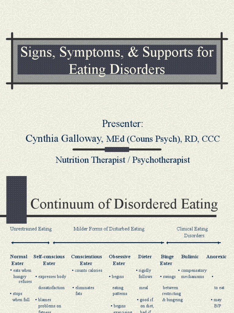 Signs, Symptoms, & Supports For Eating Disorders: Presenter: Cynthia ...