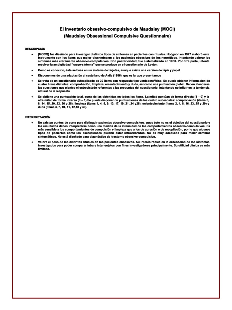 Inventario Obsesivo Compulsivo de Maudsley (MOCI) | PDF | Desorden ...
