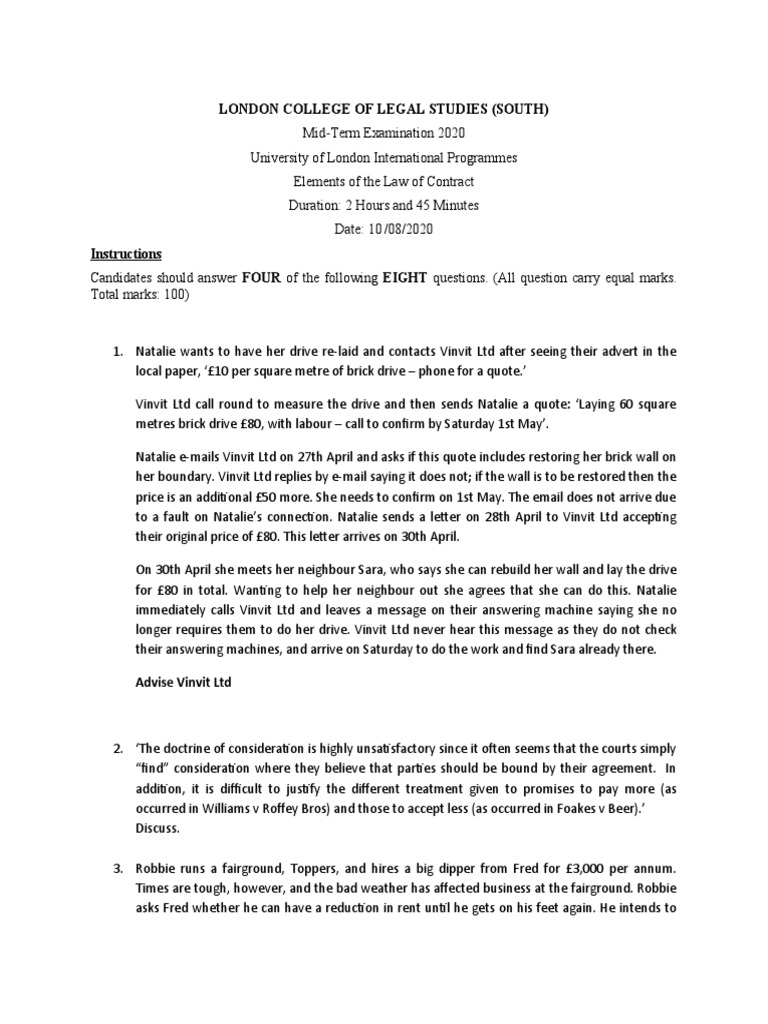 Law of Contrcat Question Paper | PDF | Fee | Business