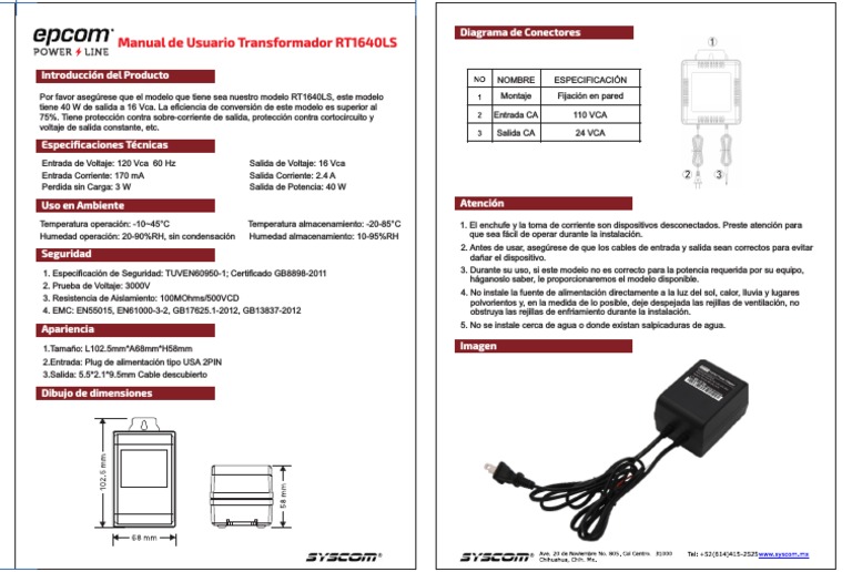 RT1640LS Hoja Tecnica | PDF | Enchufes y tomas de corriente alterna | Fuente de alimentación