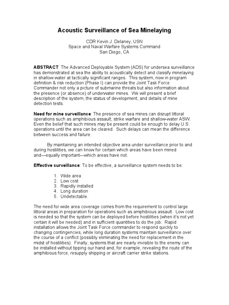 Acoustic Surveillance of Sea Minelaying: ABSTRACT: The Advanced ...