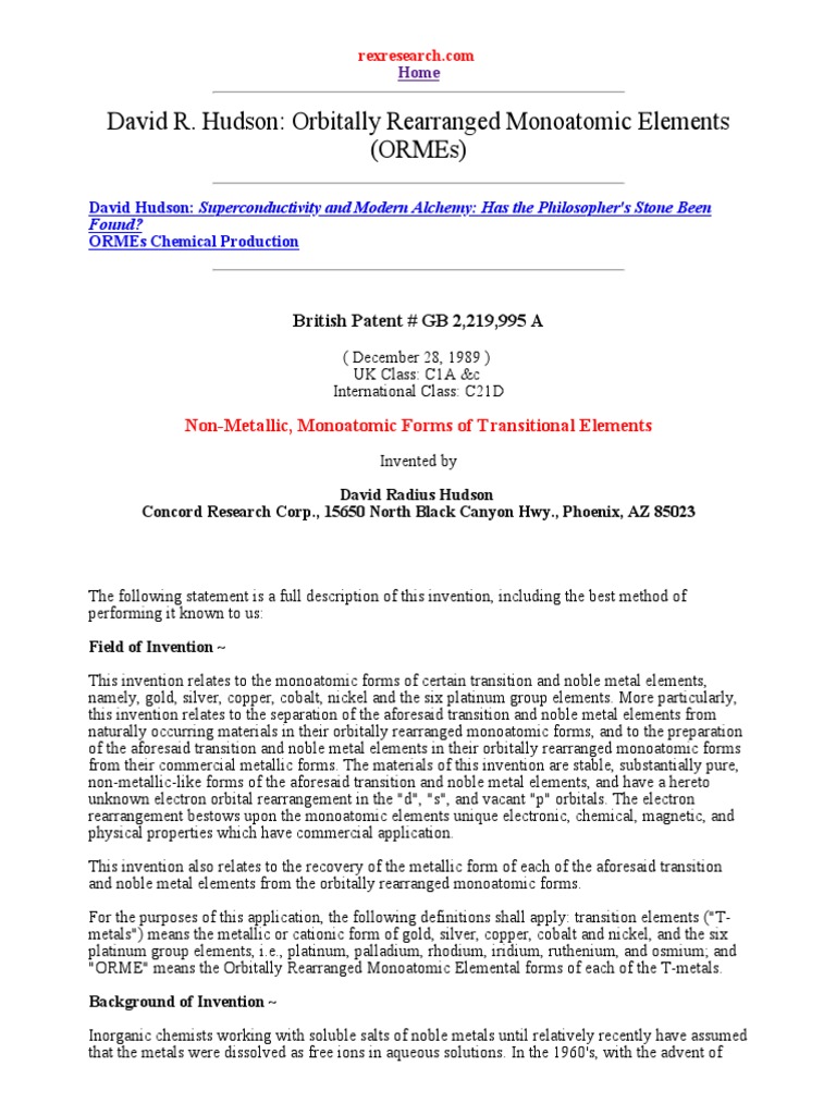 British Patent for Orbitally Rearranged Monoatomic Elements | PDF ...