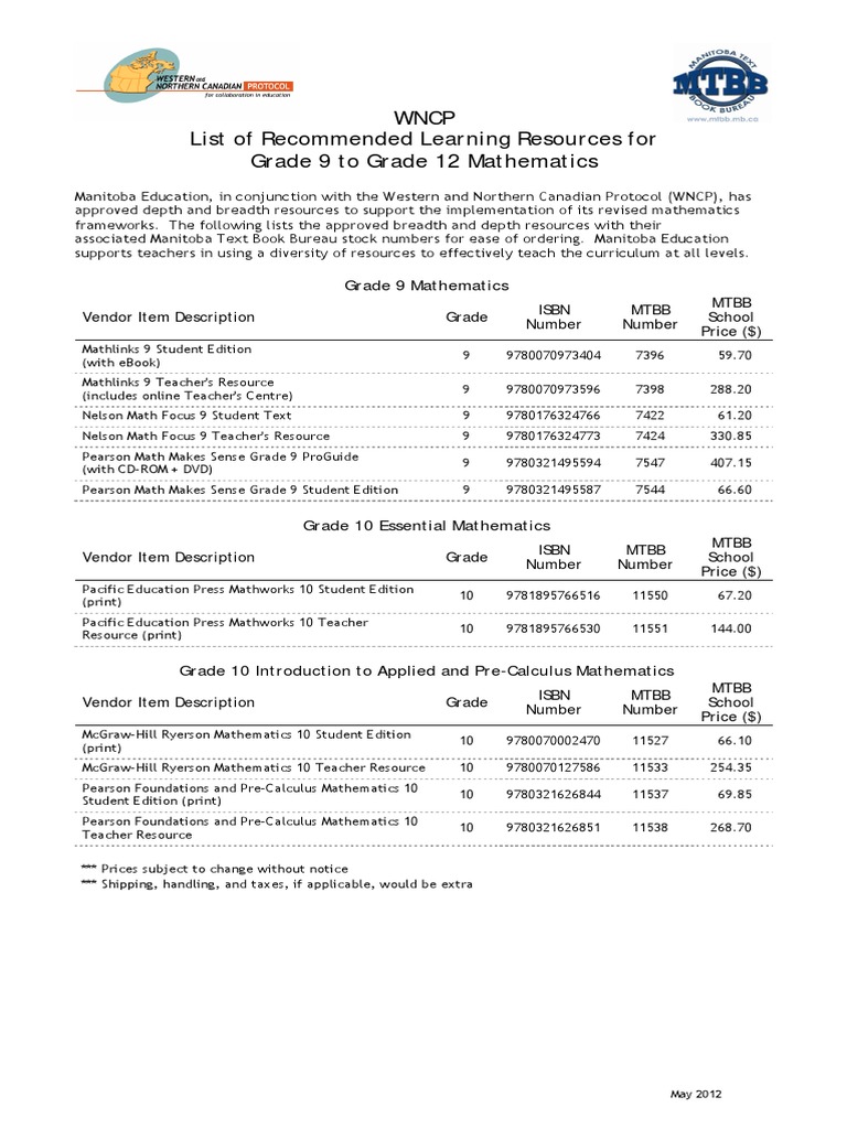 WNCP Approved Math Resources List | PDF | Textbook | Curriculum