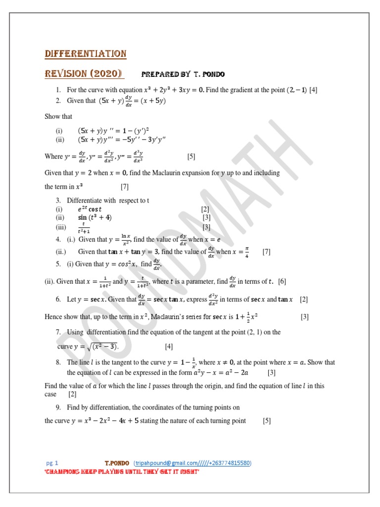 Differentiation Problems & Solutions | PDF | Tangent | Equations