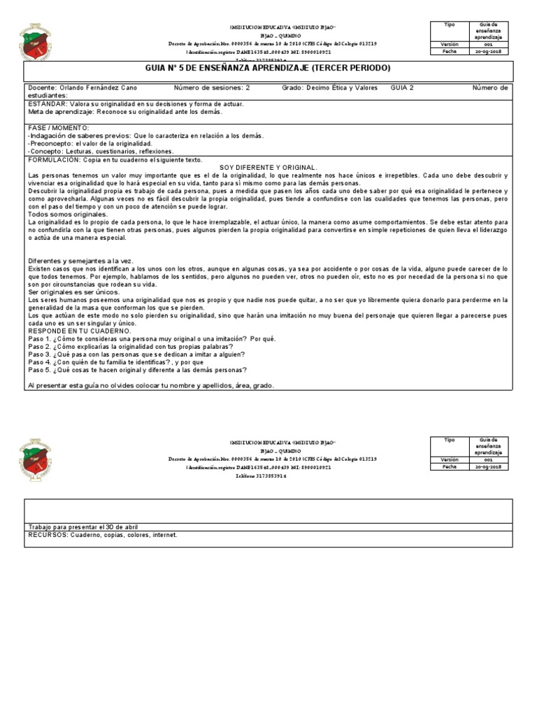 Grado Decimo Etica y Valores Guia 2 - Periodo II | PDF | Educación avanzada | Science