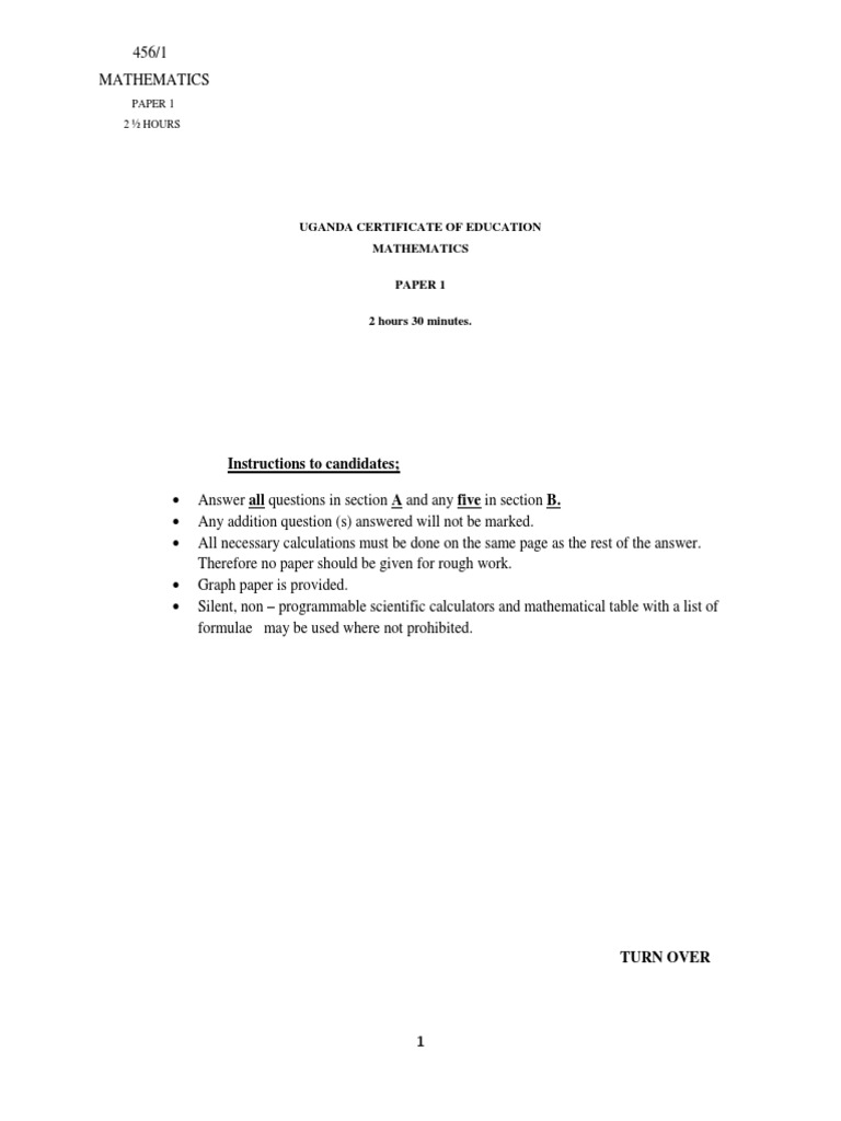 Paper 1 2 Hours: Uganda Certificate of Education Mathematics | PDF ...