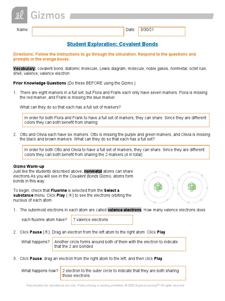 Student Exploration: Covalent Bonds | PDF | Chemical Bond | Covalent Bond