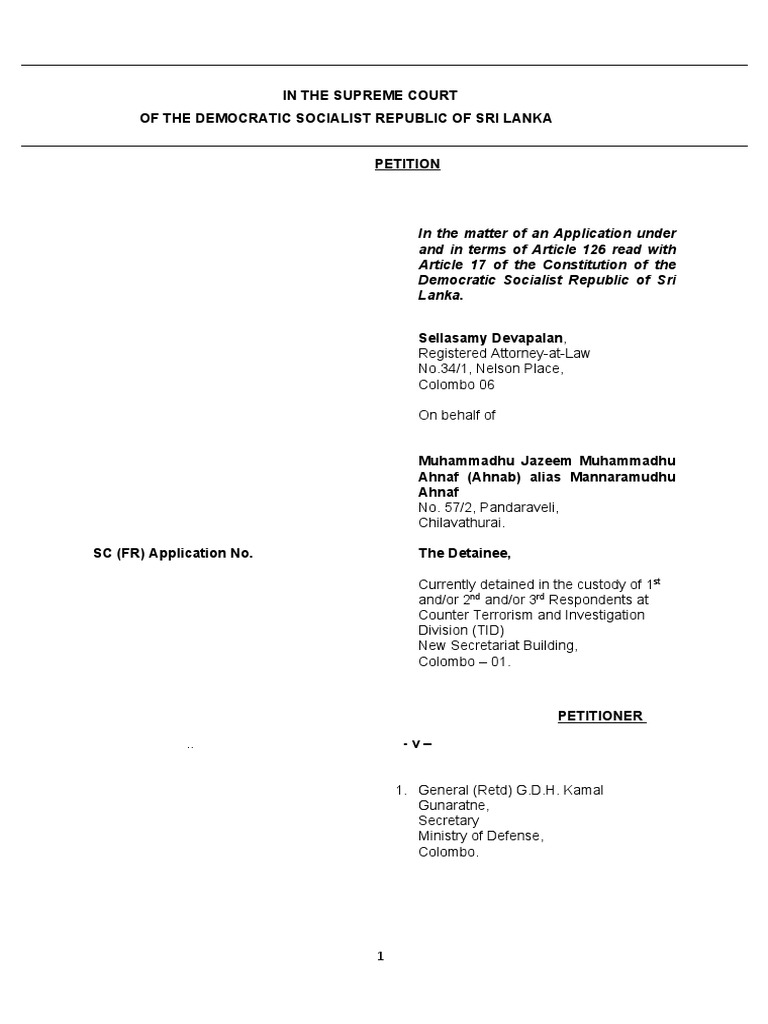 Fundamental Rights Petition Filed For Poet Ahnaf Jazeem | PDF ...