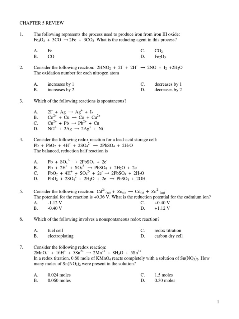 Redox Practice Test 1 | Download Free PDF | Electrochemistry | Redox