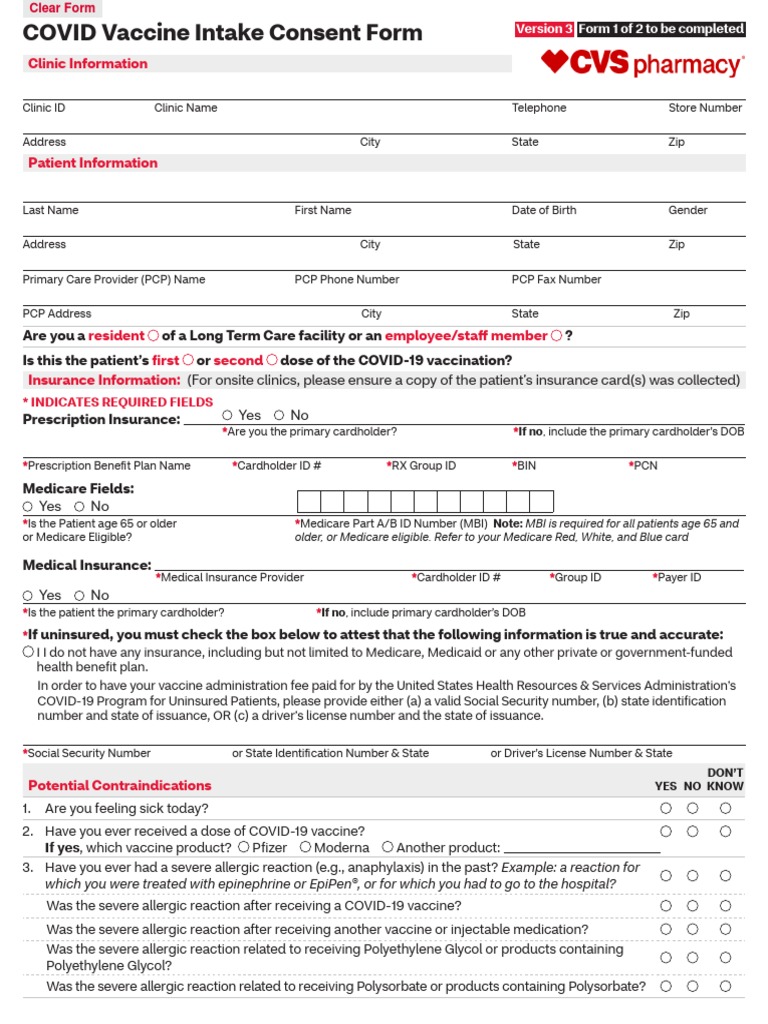 CVS COVID Vaccine Intake Consent Form | PDF | Adverse Effect | Pharmacy