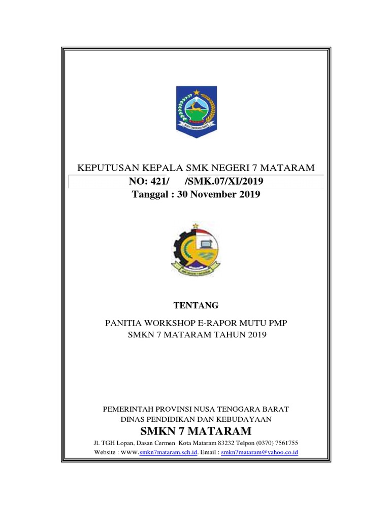 SK Workshop E-RAPOR Mutu SMKN 7 Mataram PMP 2019 | PDF
