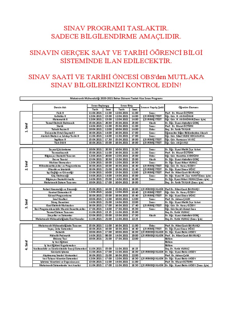Mekatronik Muhendisligi Bahar Vize Sinav Programi Taslak 07 04 07042021 | PDF