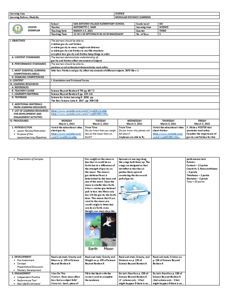Science 6 LE Week 1 Quarter 3 | PDF | Weight | Gravity