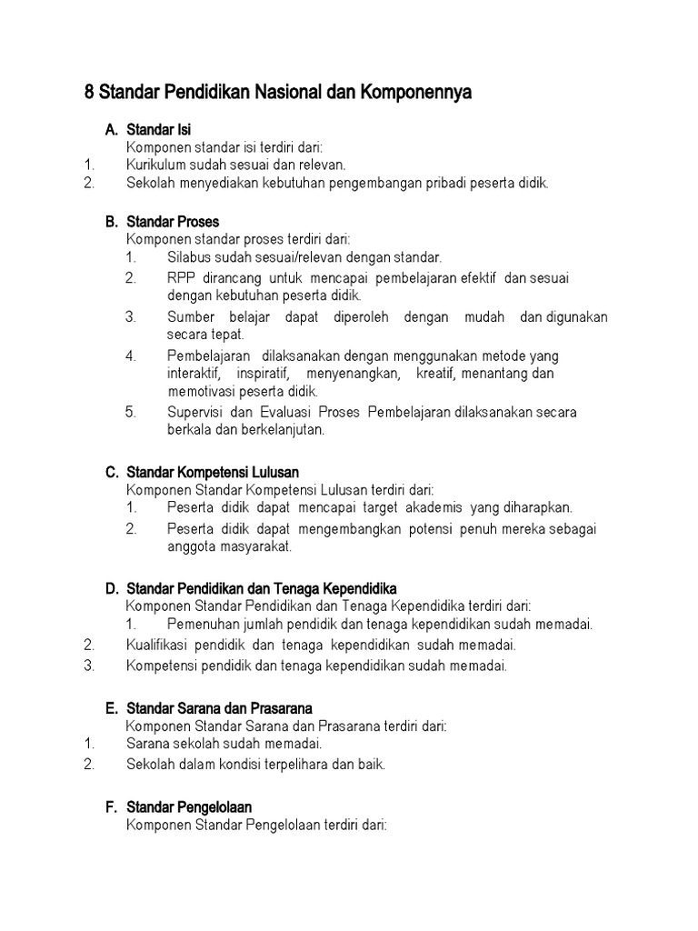 Delapan Standar Pendidikan Nasional | PDF