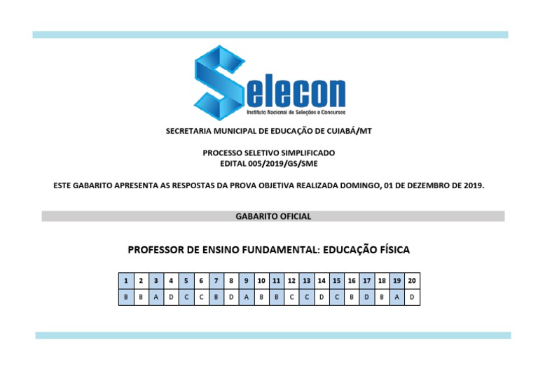 Selecon 2019 Prefeitura de Cuiaba MT Professor de Ensino Fundamental Educacao Fisica Gabarito | PDF