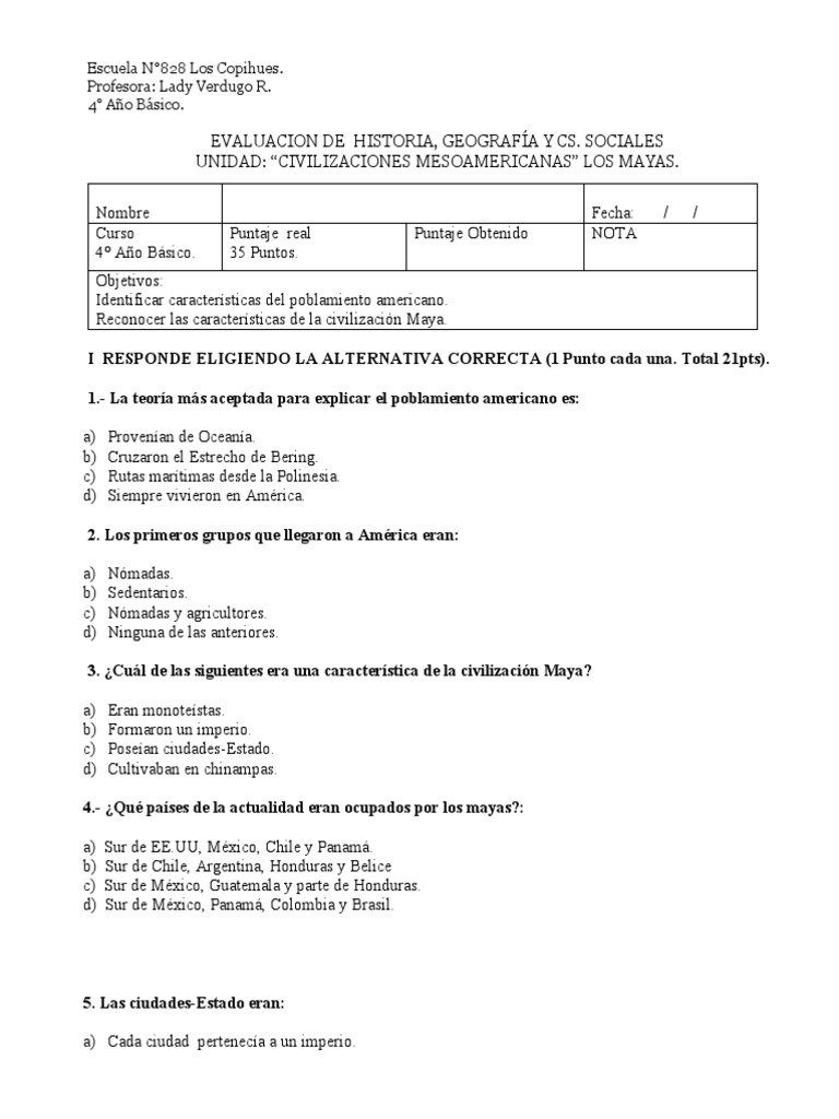 Prueba Los Mayas | PDF | Civilización maya | Américas