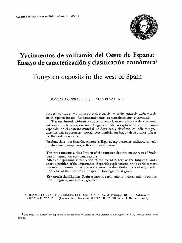 Yacimientos de Volframio Del Oeste de España: Ensayo de Caracterización ...