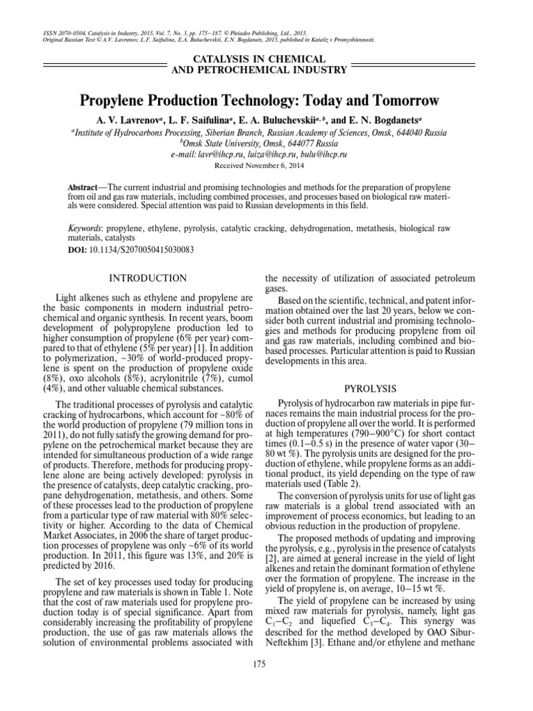 Propylene Production | PDF | Catalysis | Alkene