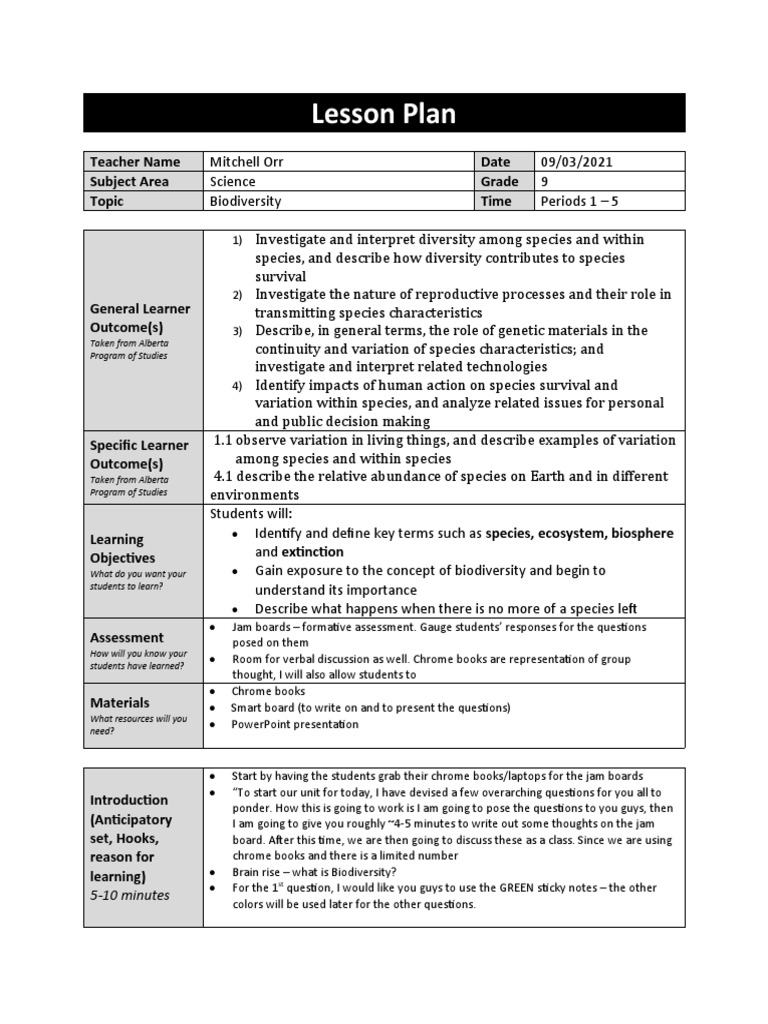 Biodiversity Lesson Plan 1 | PDF | Species | Biodiversity