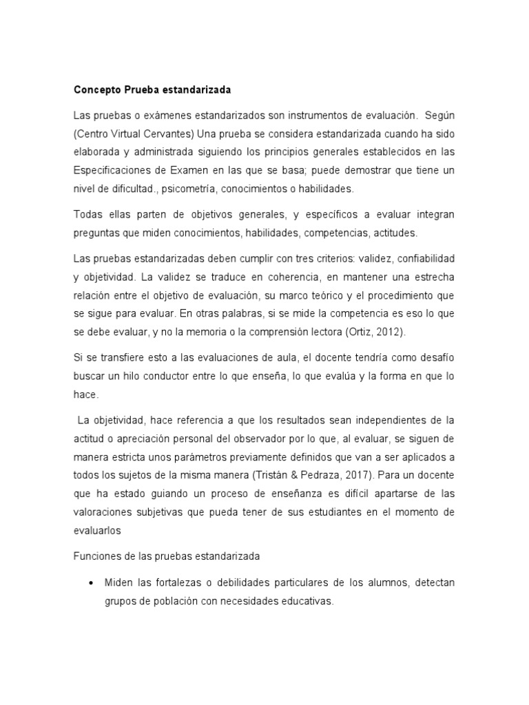 Concepto de Pruebas Estandarizadas | PDF | Evaluación | Validez ...