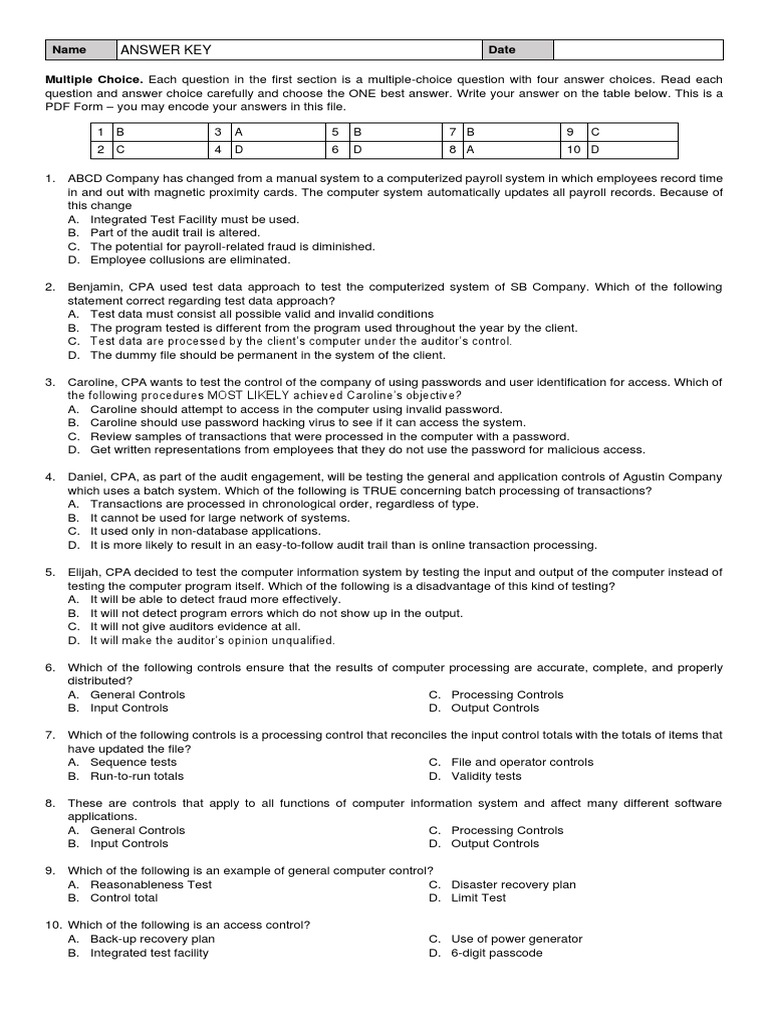 Answer Key | PDF | Multiple Choice | Audit
