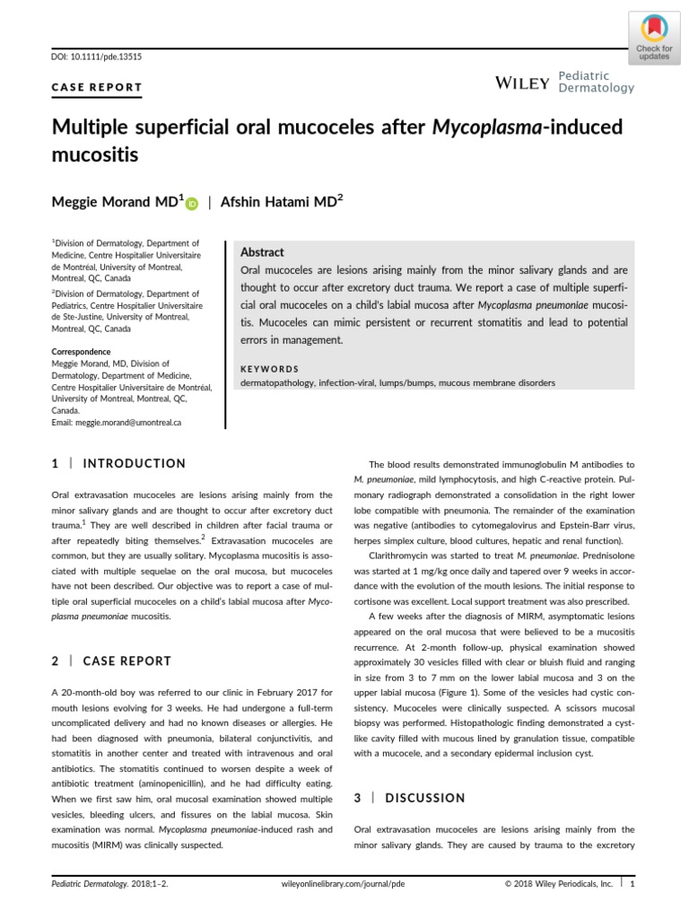 Multiple Superficial Oral Mucoceles After Mycoplasma-Induced Mucositis ...