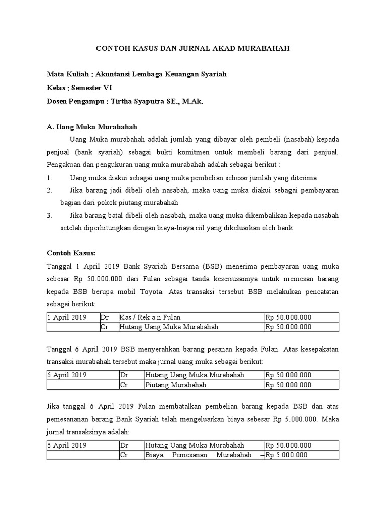 Akuntansi Murabahah Contoh Kasus Dan Jurnal | PDF